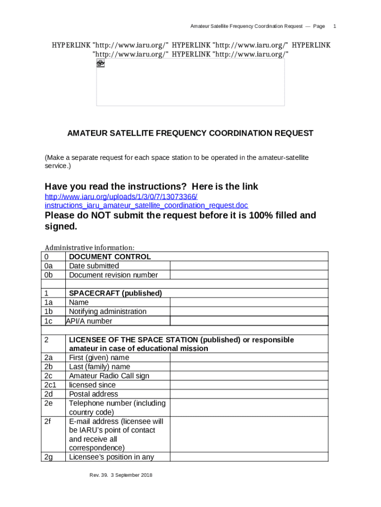 Amateur Satellite Frequency Coordination Request Doc Template | pdfFiller