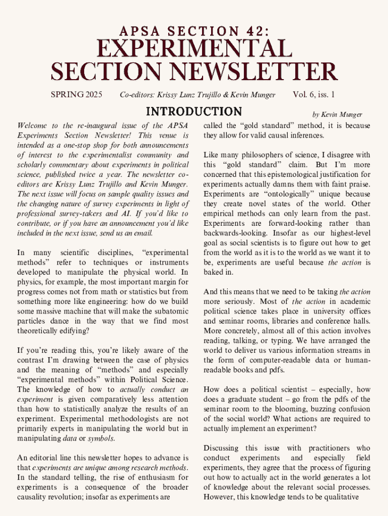 Fillable Online Apsa Experiments Section Newsletter - Spring 2025 Fax Email Print - pdfFiller