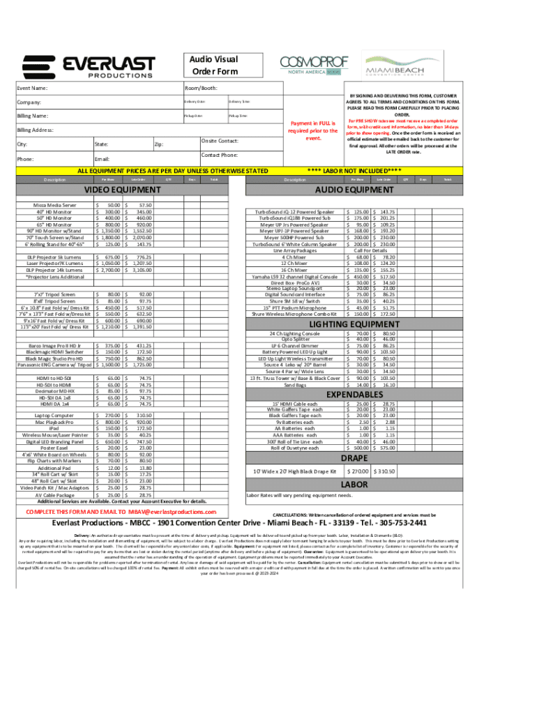 Fillable Online Audio Visual Equipment Rental Order Form Fax Email ...