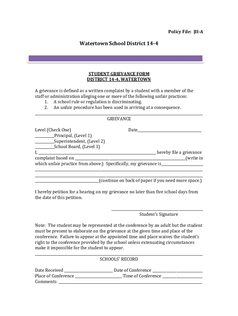 Fillable Online Watertown School District Student Grievance Form Fax ...
