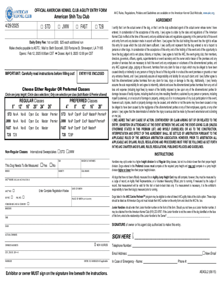 Fillable Online American Shih Tzu Club Agility Entry Form Fax Email ...