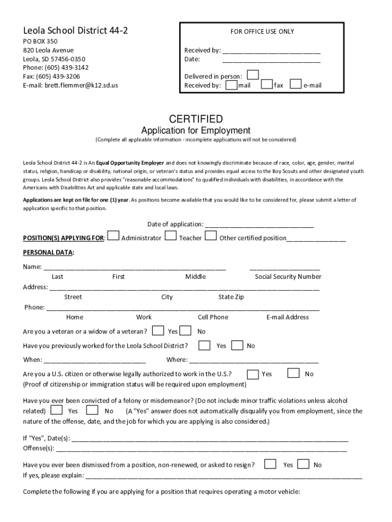 Fillable Online Leola School District Employment Application Fax Email ...