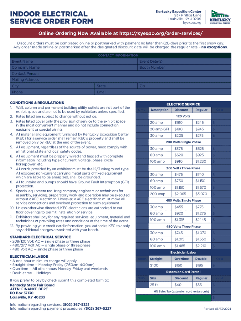 Fillable Online Indoor Electrical Service Order Form Fax Email Print ...