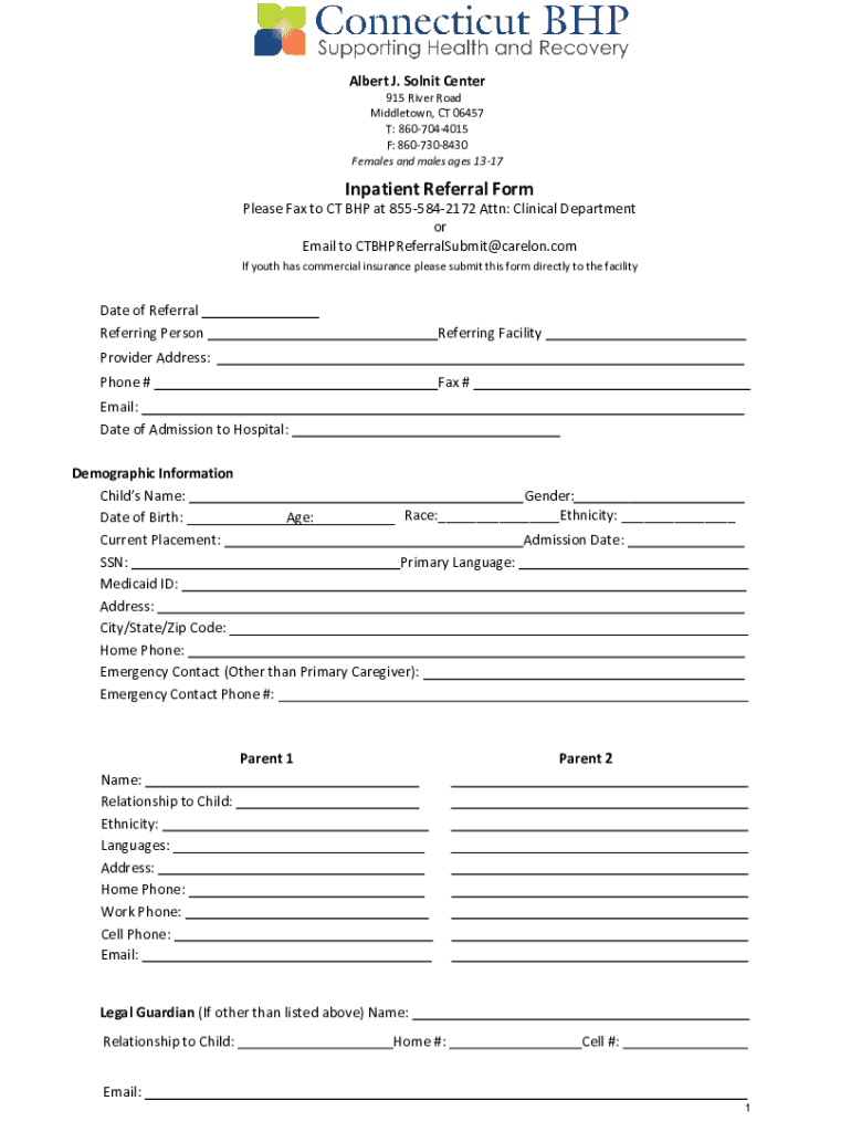 Fillable Online Inpatient Referral Form for Youth Fax Email Print ...