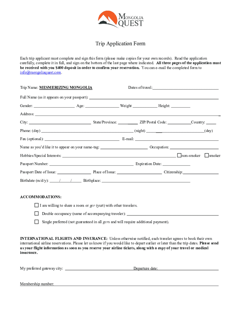 Fillable Online Mesmerizing Mongolia Trip Application Fax Email Print ...