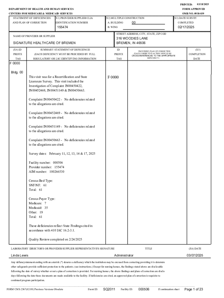 Fillable Online Cms Statement of Deficiencies Fax Email Print - pdfFiller