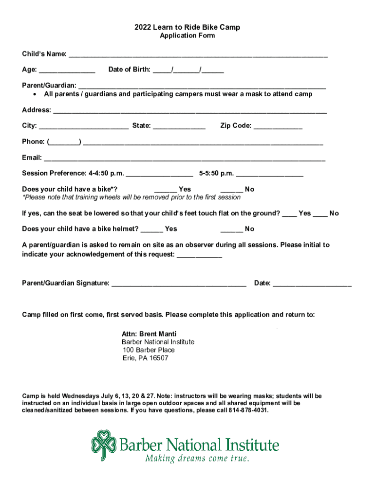 Fillable Online Learn to Ride Bike Camp Application Fax Email Print ...
