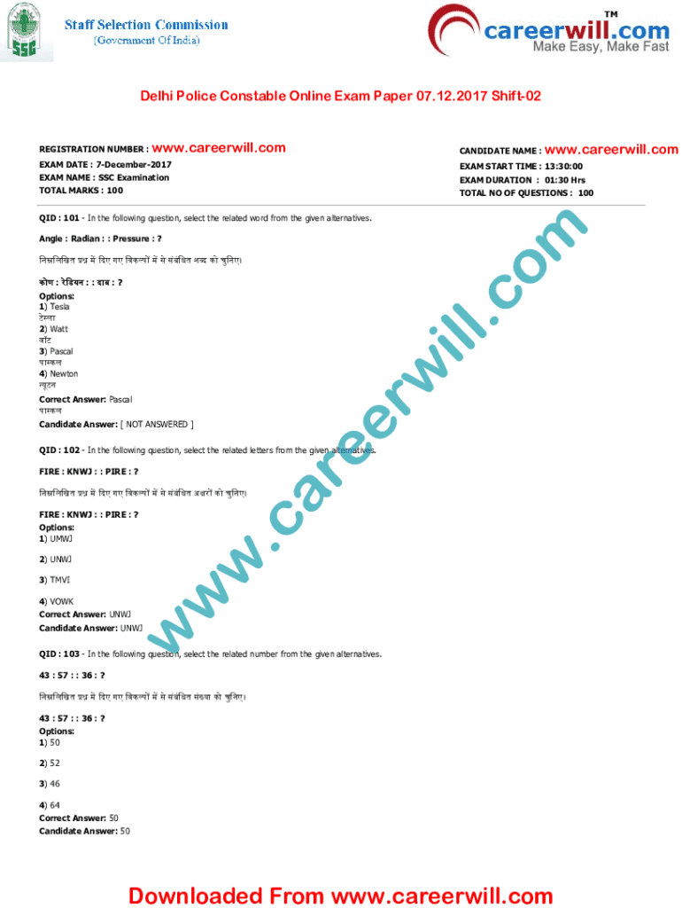 Fillable Online Delhi Police Constable Exam Paper 2017 Fax Email Print - pdfFiller