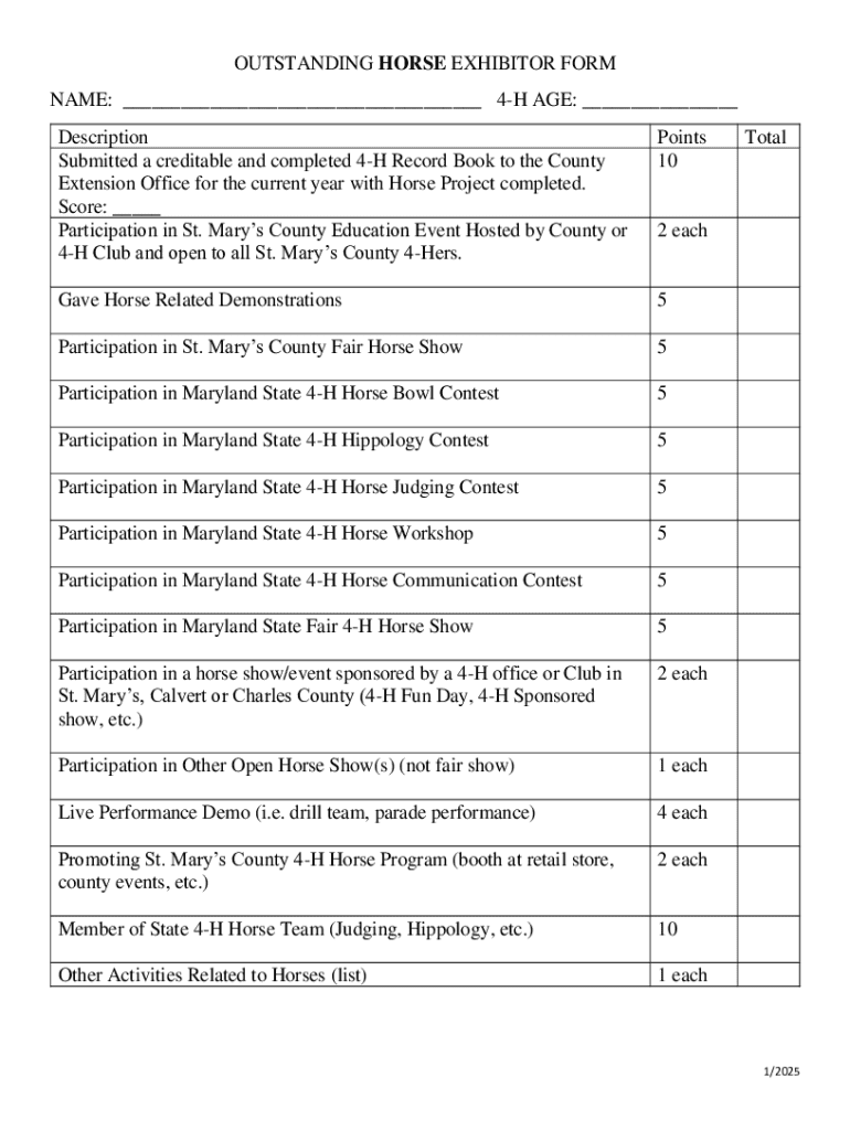 Fillable Online Outstanding Horse Exhibitor Participation Score Sheet ...
