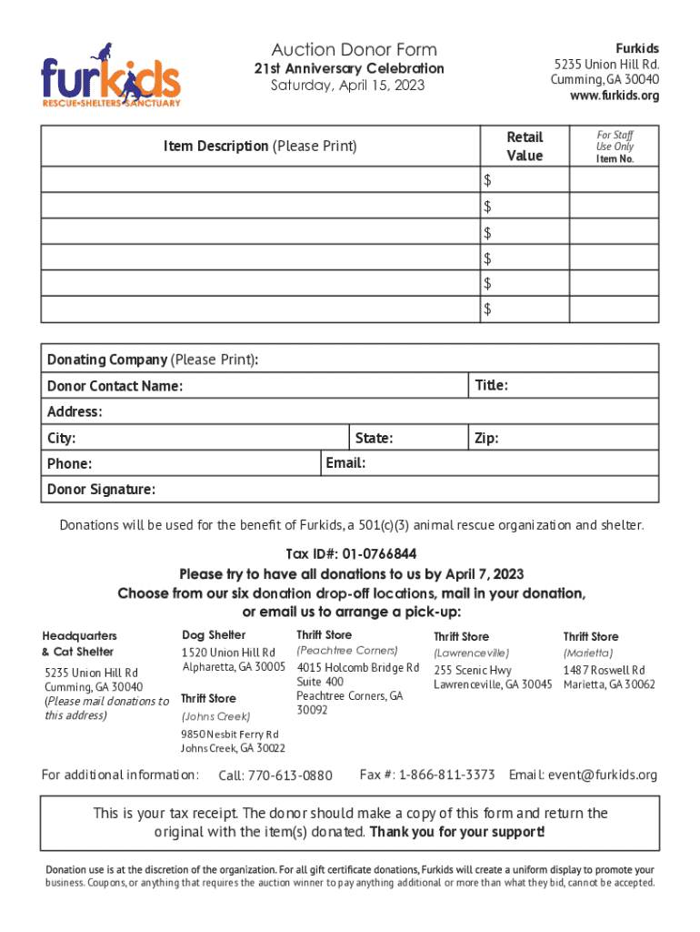 Fillable Online Auction Donor Form for Furkids Fax Email Print - pdfFiller
