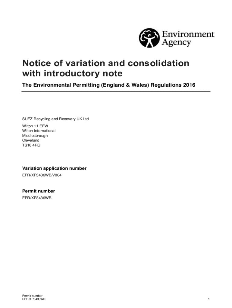 Fillable Online Notice of Variation and Consolidation for Environmental ...