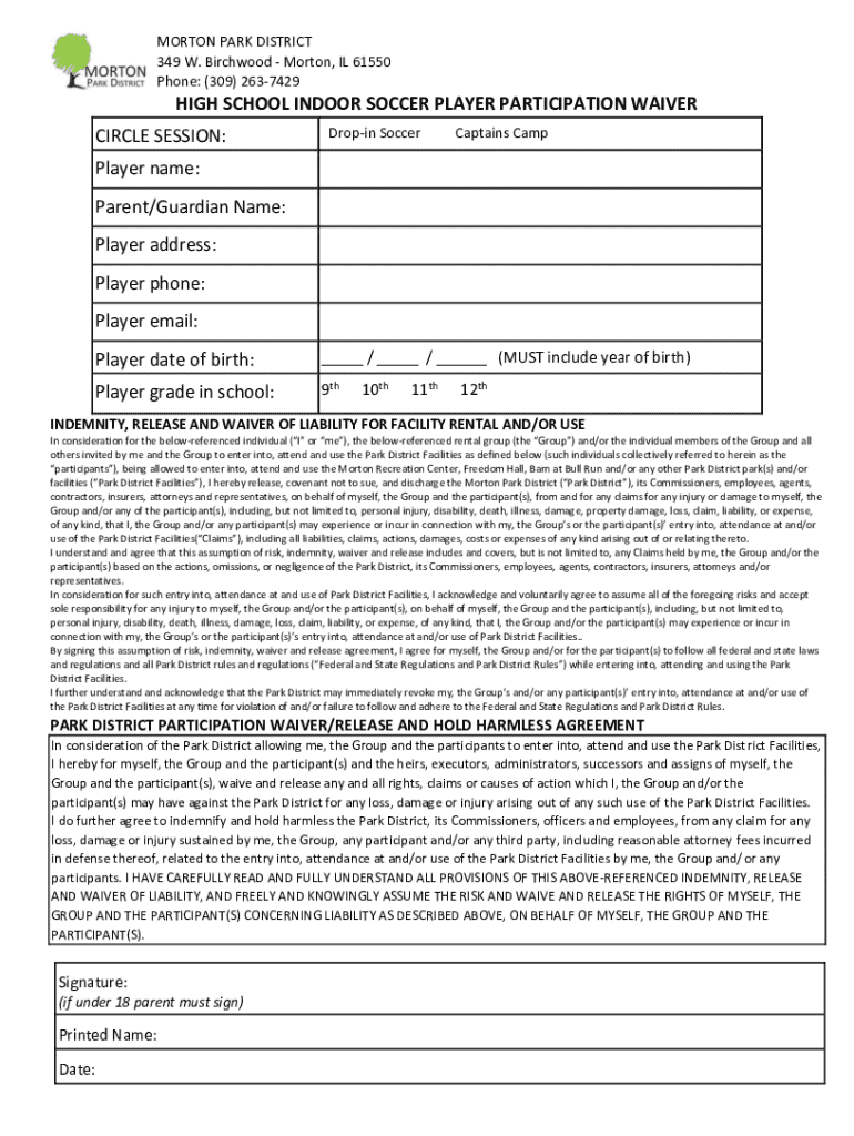 Fillable Online High School Indoor Soccer Player Participation Waiver Fax Email Print - pdfFiller