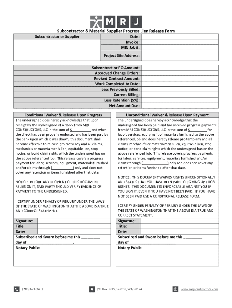 Fillable Online Subcontractor & Material Supplier Progress Lien Release Form Fax Email Print ...