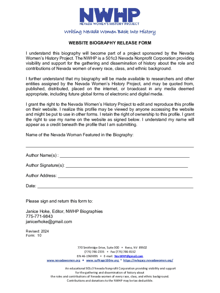Fillable Online Nevada Women’s History Project Biography Release Fax ...