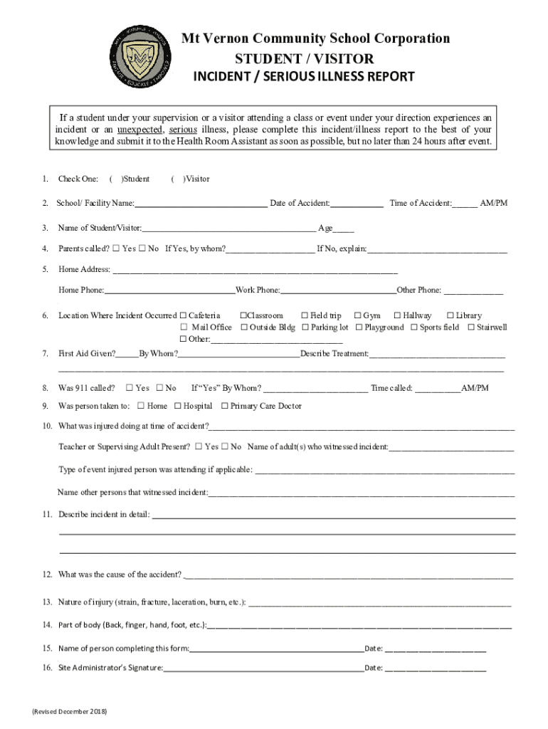 Fillable Online Student / Visitor Incident / Serious Illness Report Fax ...