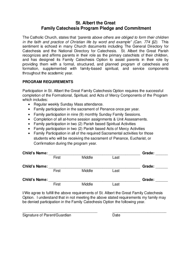 Fillable Online Family Catechesis Program Pledge and Commitment Fax Email Print - pdfFiller