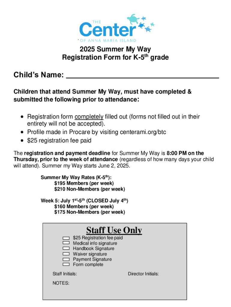 Fillable Online Registration Form for K-5th Grade Summer My Way Program ...