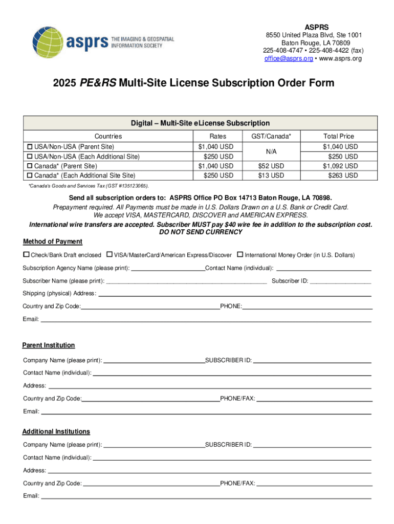 Fillable Online 2025 Pe&rs Multi-site License Subscription Order Form Fax Email Print - pdfFiller