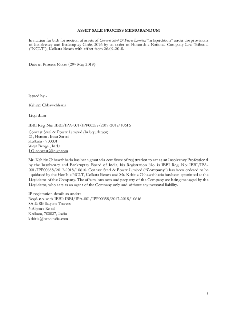 Fillable Online Asset Sale Process Memorandum for Concast Steel & Power Limited (in Liquidation ...