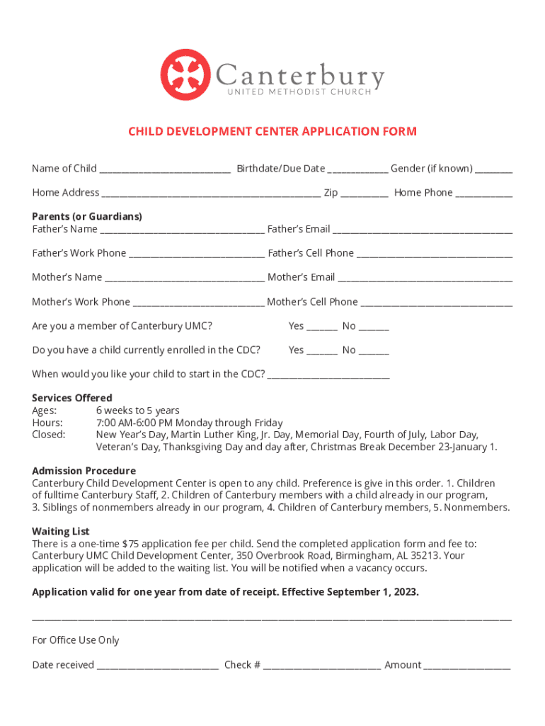 Fillable Online Child Development Center Application Form Fax Email Print - pdfFiller