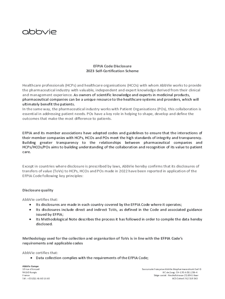Fillable Online Efpia Code Disclosure 2023 Self-certification Scheme Fax Email Print - pdfFiller