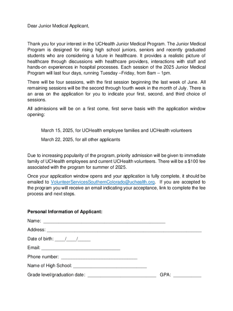 Fillable Online Uchealth Junior Medical Program Application Fax Email Print - pdfFiller