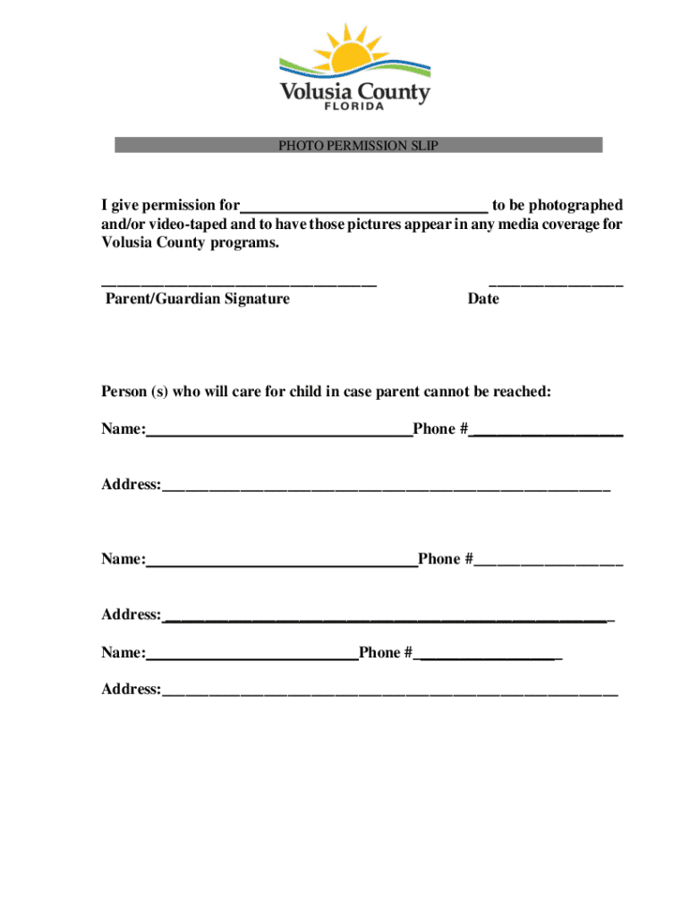 Fillable Online Photo Permission Slip for Volusia County Programs Fax ...