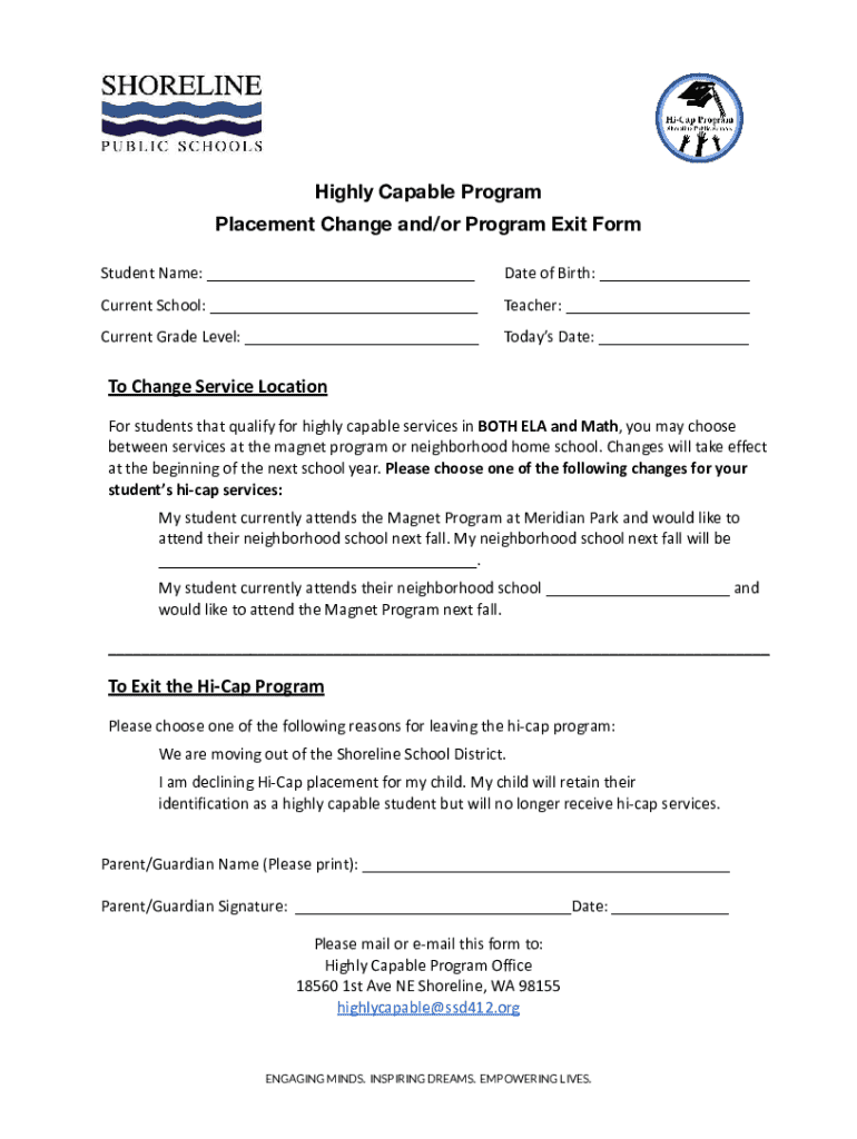 Fillable Online Highly Capable Program Placement Change and/or Program Exit Form Fax Email Print ...