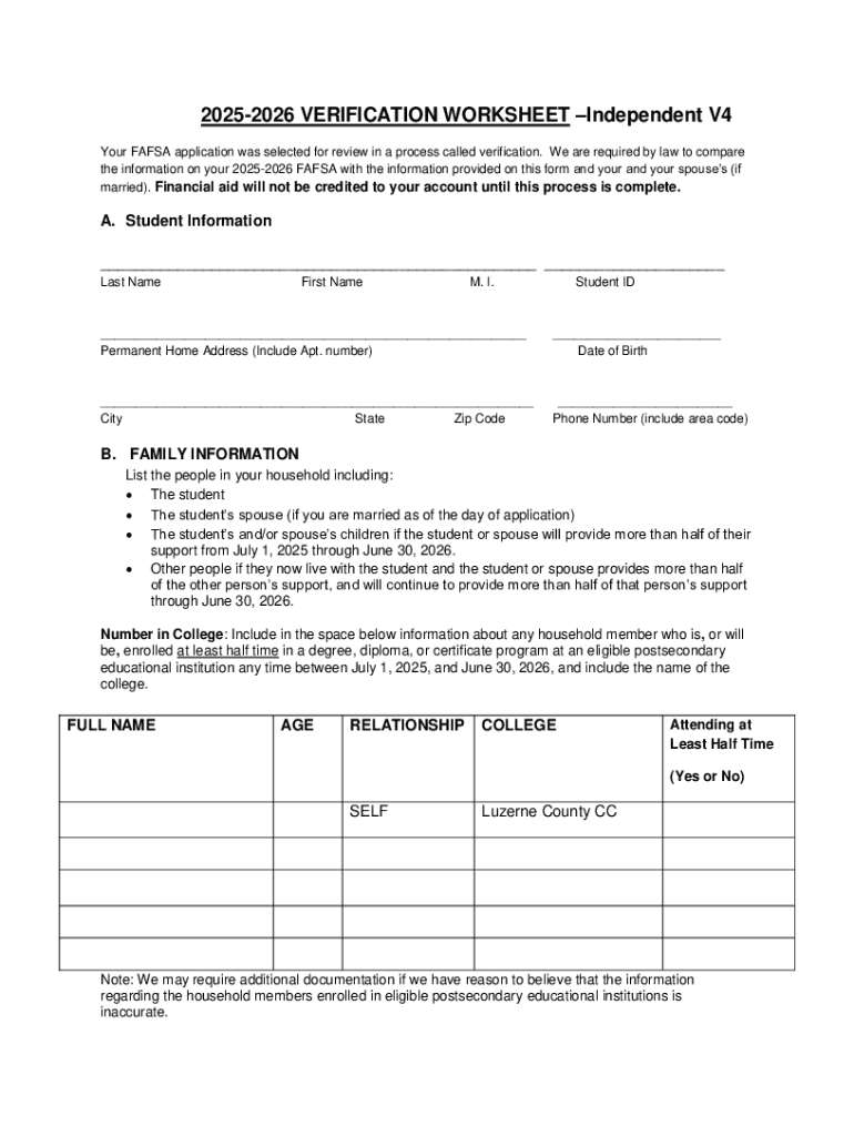 Fillable Online Verification Worksheet for Financial Aid Fax Email Print - pdfFiller