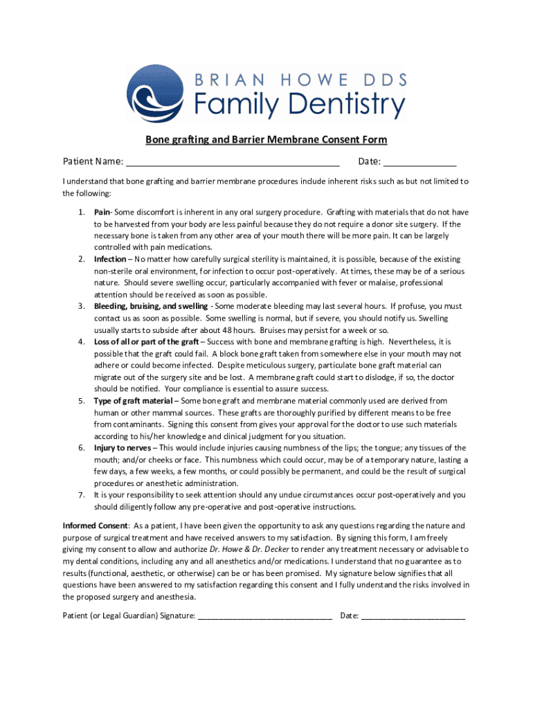 Fillable Online Bone Grafting and Barrier Membrane Consent Form Fax ...