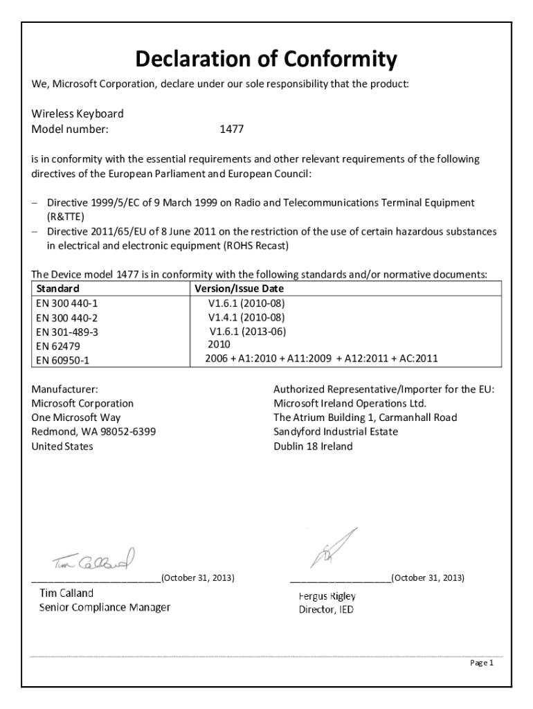 Fillable Online Declaration of Conformity for Wireless Keyboard Model ...