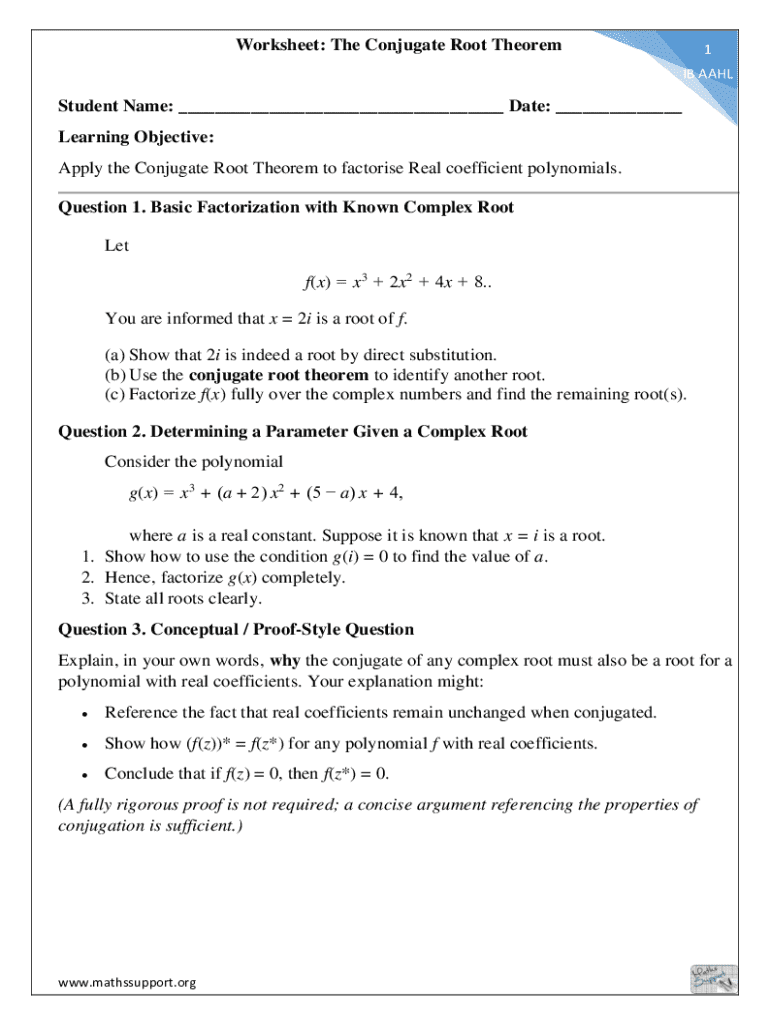 Fillable Online the Conjugate Root Theorem Worksheet Fax Email Print ...