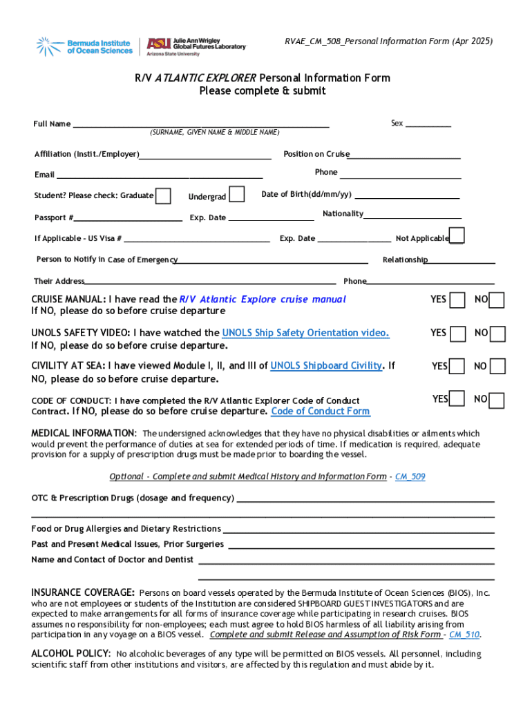 Fillable Online R/v Atlantic Explorer Personal Information Form Fax ...