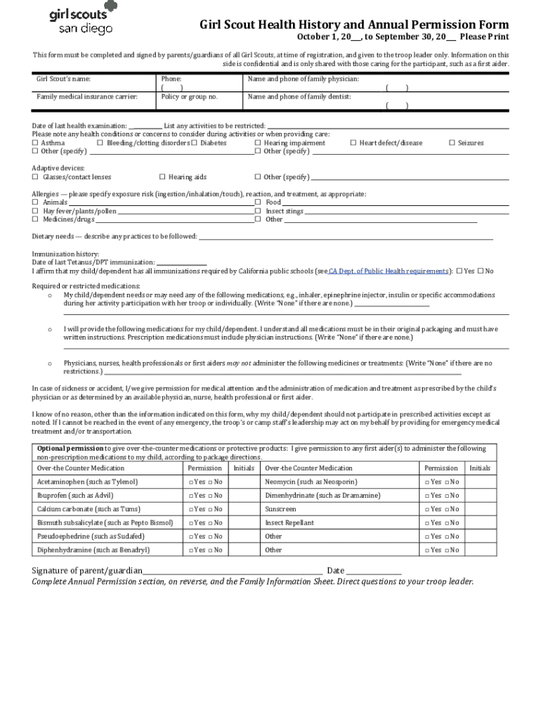 Fillable Online Girl Scout Health History and Annual Permission Form ...
