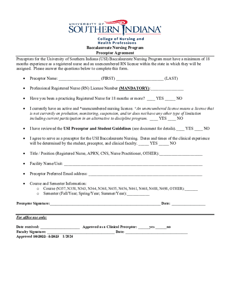 Fillable Online Baccalaureate Nursing Program Preceptor Agreement Fax ...