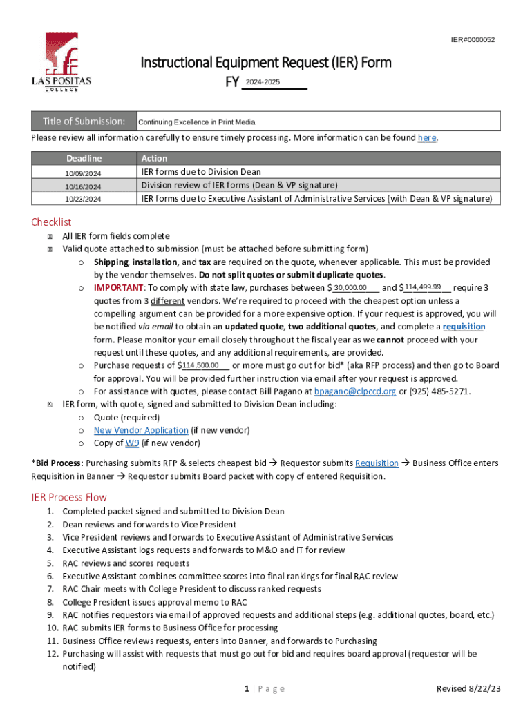 Fillable Online Instructional Equipment Request (ier) Form for Continuing Excellence in Print ...