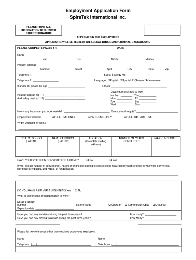Fillable Online Application for Employment at Spiretek International ...