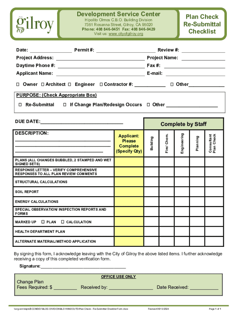 Fillable Online Development Service Center Plan Check Re-submittal ...