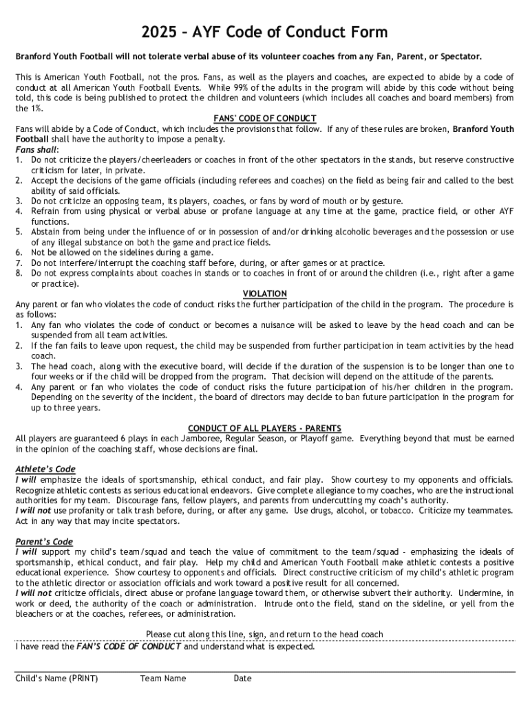 Fillable Online Branford Youth Football Code of Conduct Fax Email Print ...