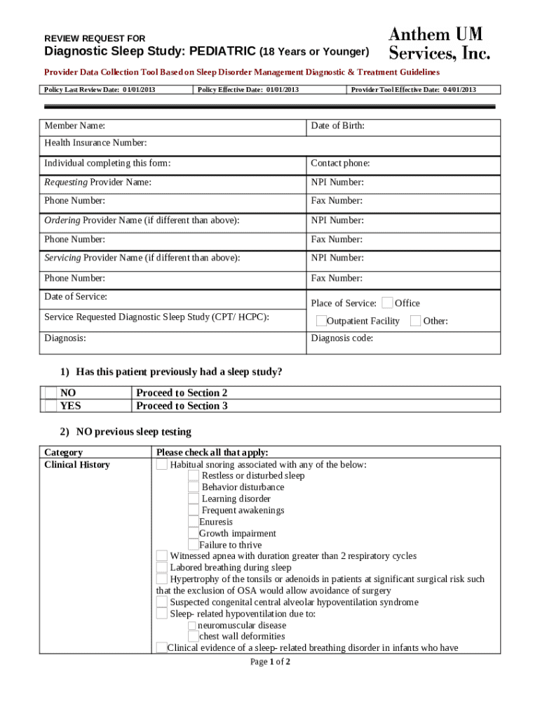Diagnostic Sleep Study Request Doc Template | pdfFiller