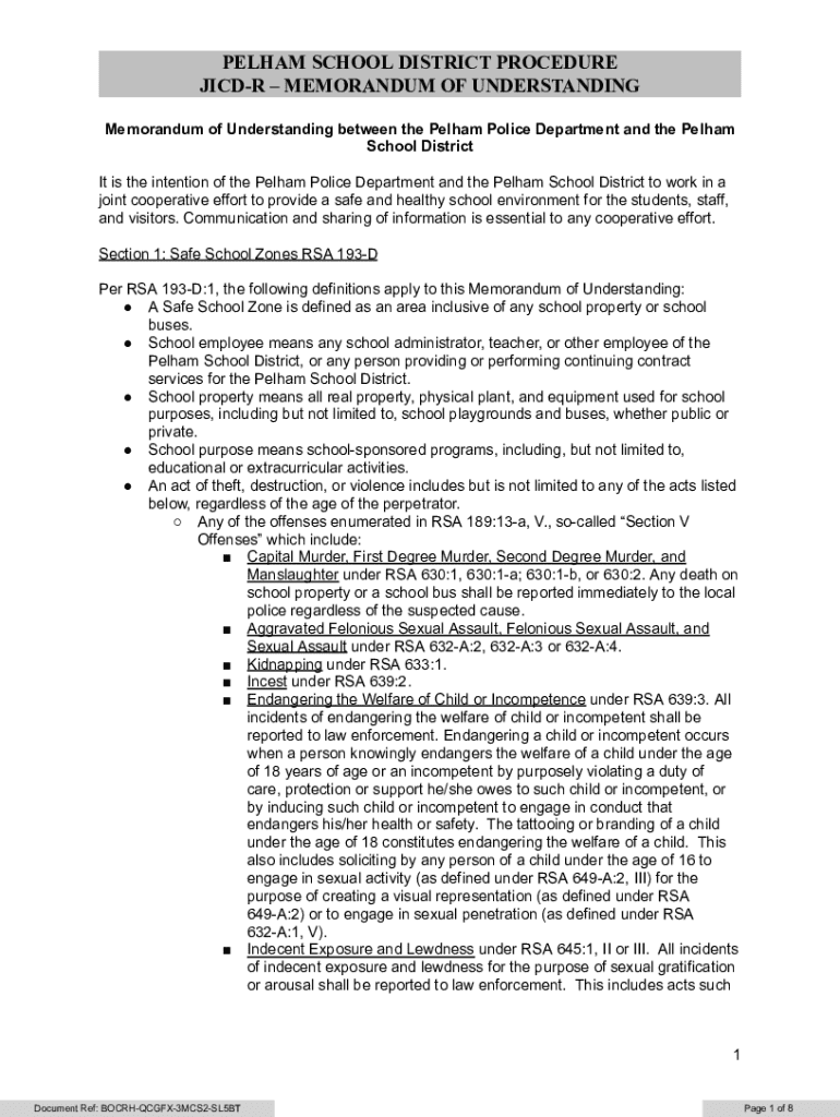 Fillable Online Memorandum of Understanding Between the Pelham Police ...