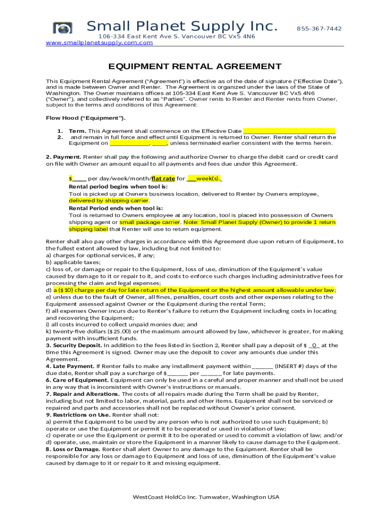 Equipment Rental Agreement Doc Template | pdfFiller