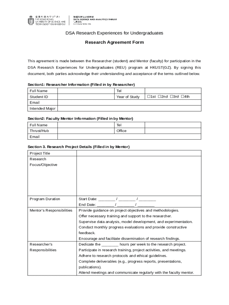 Dsa Research Experiences for Undergraduates Research Agreement Doc ...