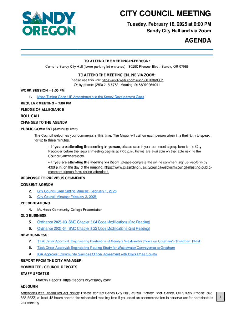 Fillable Online City Council Meeting Agenda for February 18, 2025 Fax Email Print - pdfFiller