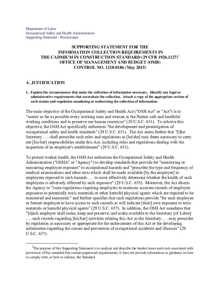 Fillable Online Supporting Statement for the Information Collection Requirements in the Cadmium ...