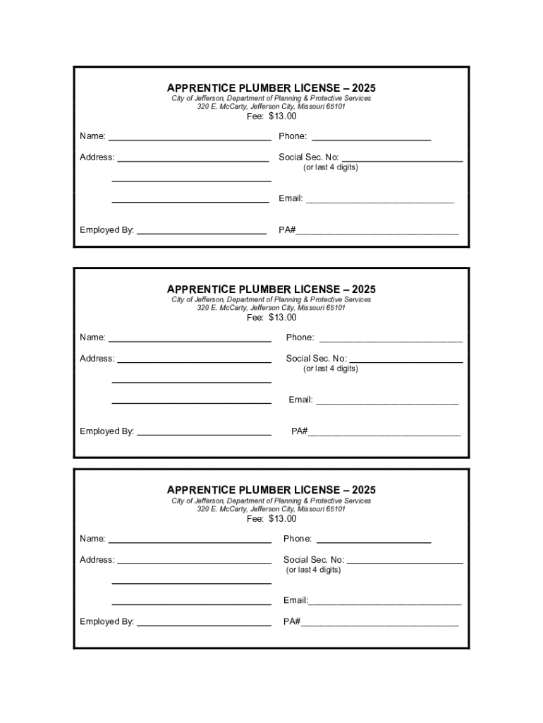 Fillable Online Apprentice Plumber License Application Fax Email Print ...