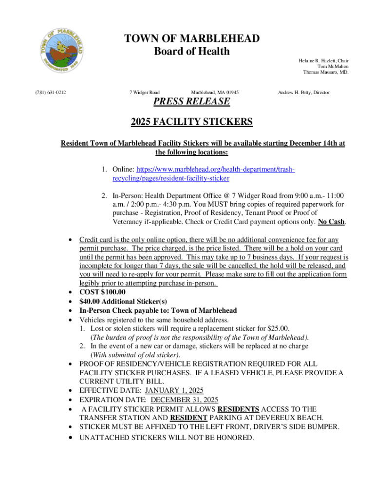 Fillable Online 2025 Marblehead Resident Facility Stickers Fax Email ...