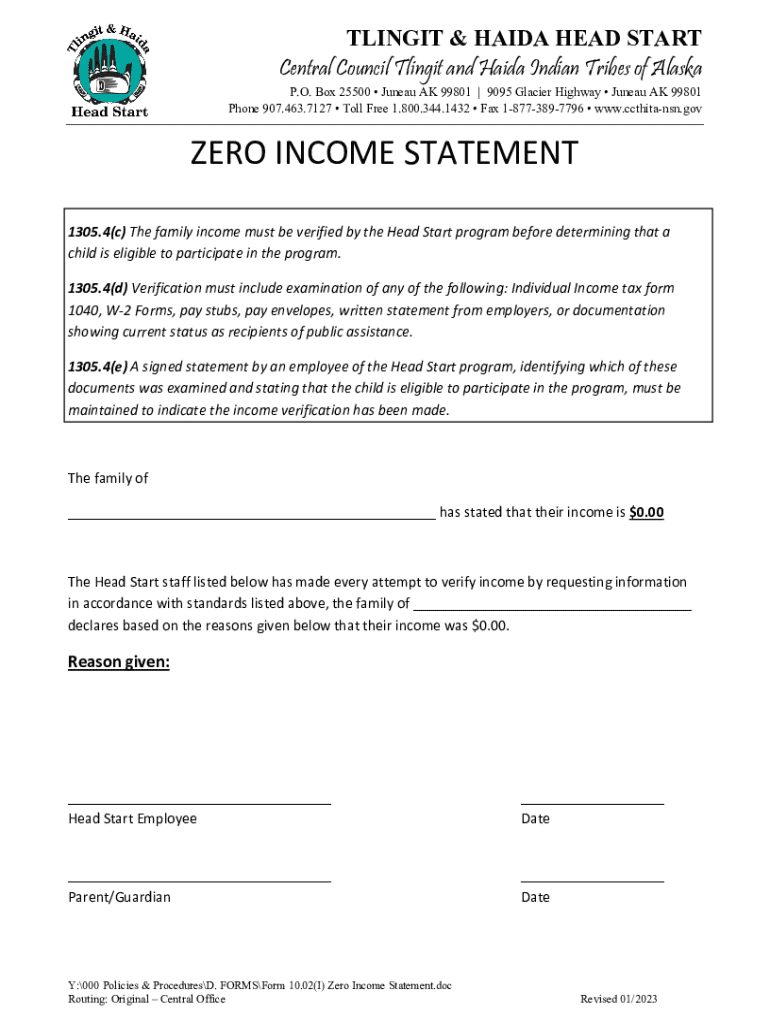 Fillable Online Zero Income Statement for Head Start Program Fax Email Print - pdfFiller