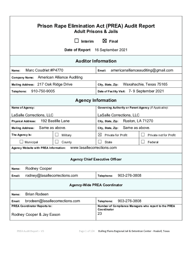 Fillable Online Prea Audit Report for Rolling Plains Regional Jail ...