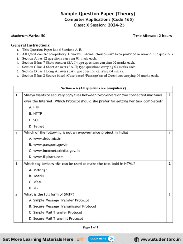 Fillable Online Sample Question Paper for Computer Applications Class X Fax Email Print - pdfFiller